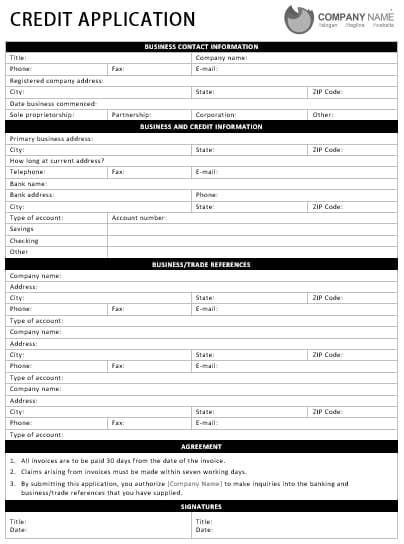 MS Word Commercial Credit Application Form Office Templates Online