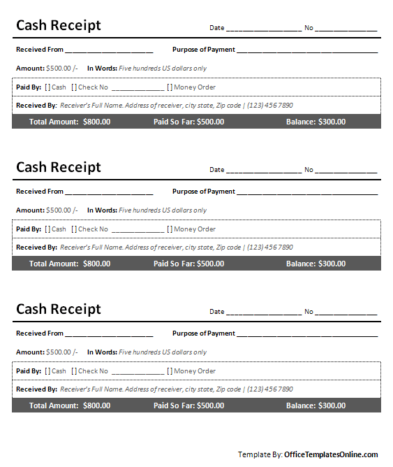 Printable Cash Receipt For MS Word Office Templates Online