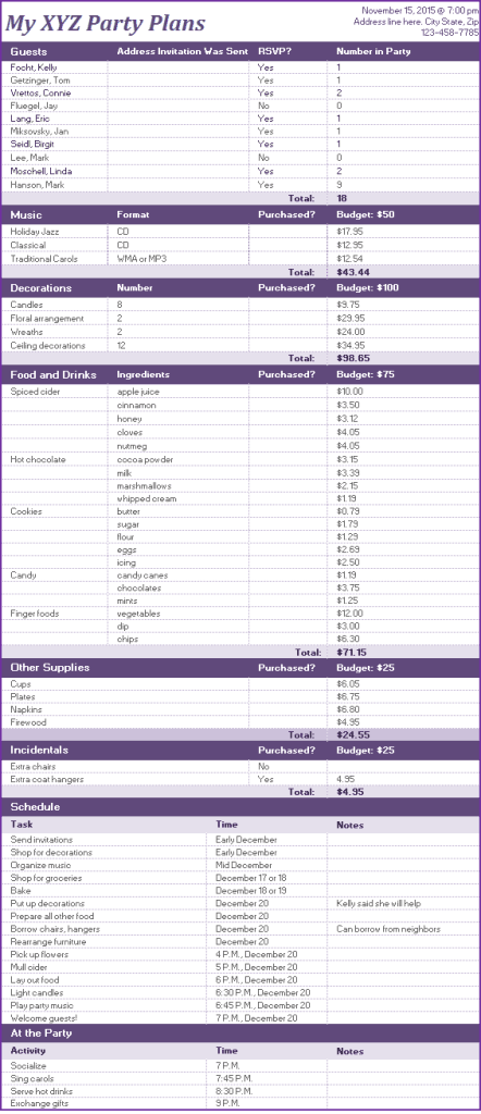 Download FREE MS Excel Party Or Event Planner Template