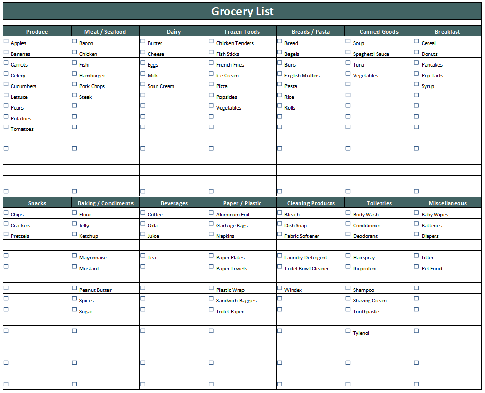 Grocery List Template Excel