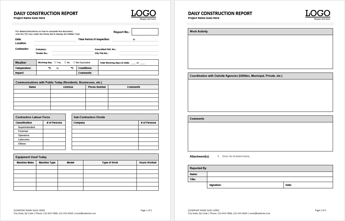 Construction Daily Report Template Free Printable Templates